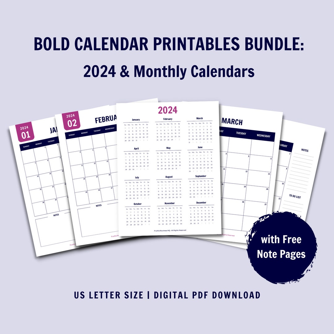 BOLD Calendar Printables Bundle: 2024 & Monthly Calendars With Note ...