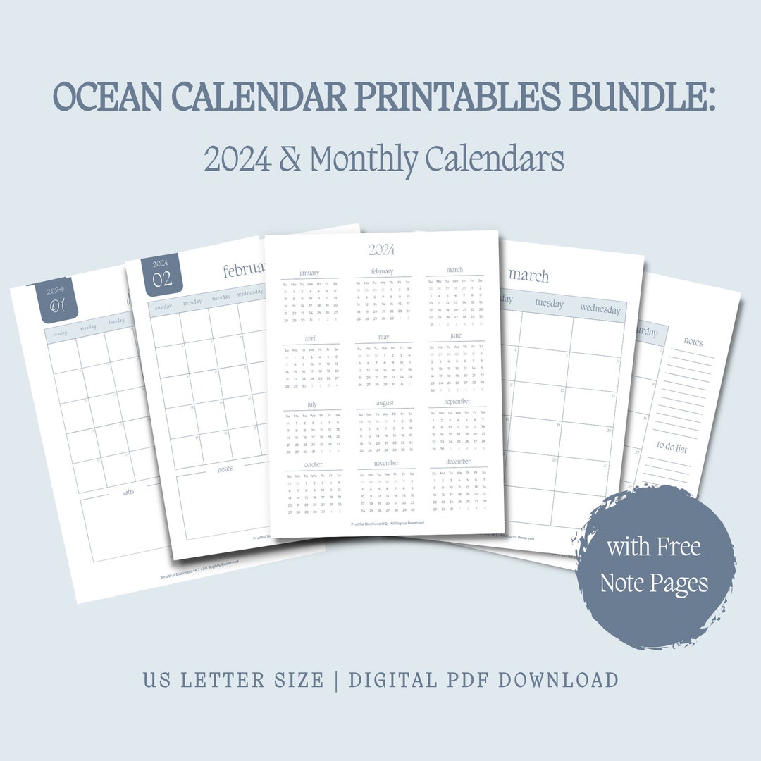 OCEAN Calendar Printables Bundle: 2024 & Monthly Calendars With Note ...