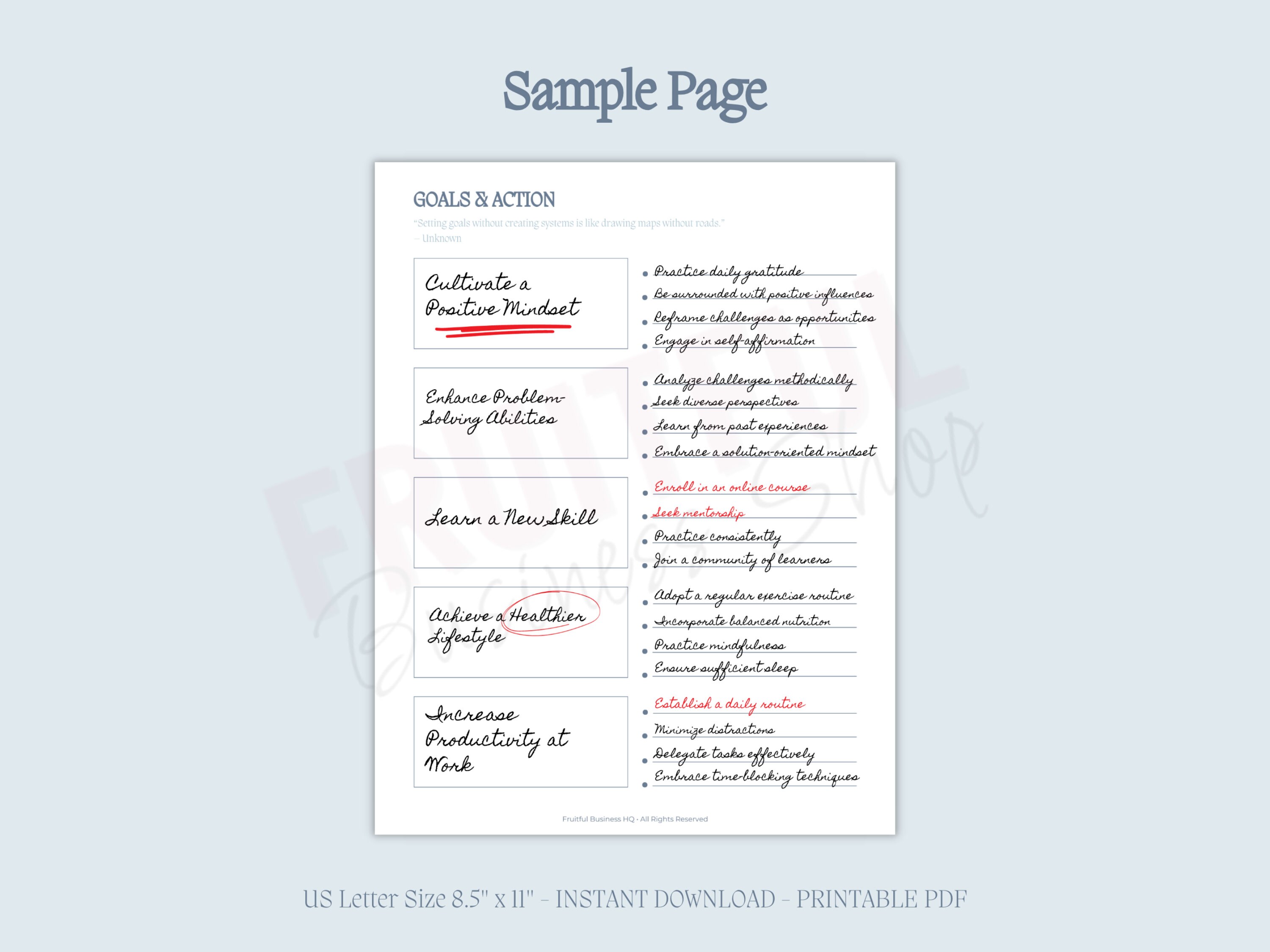 One Pager Goals and Action Printable OCEAN Collection - Etsy