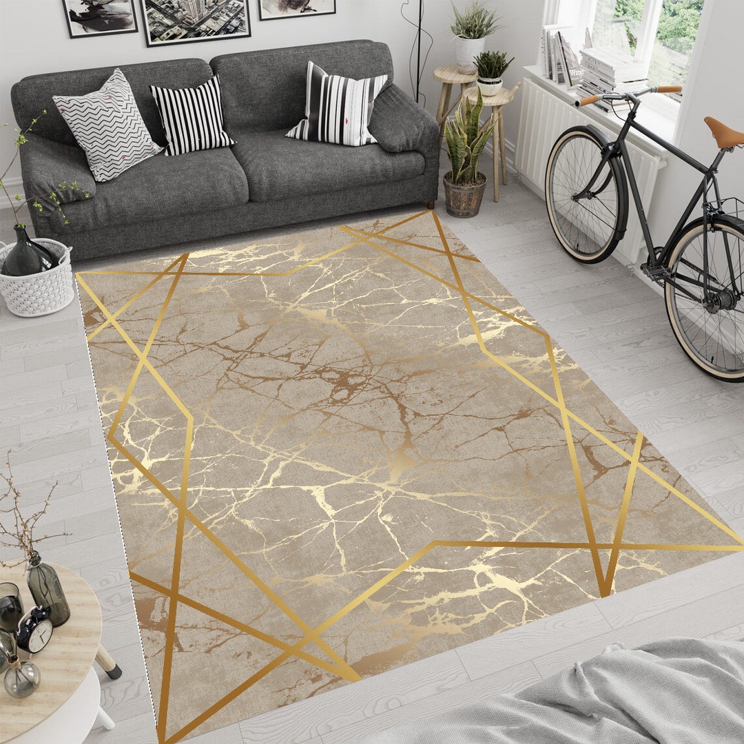 Gold Striped Beige Marble Rug, Golden Striped Rug, Rugs for Living Room ...