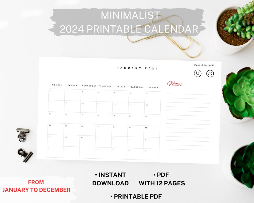 Minimalist 2024 Printable Calendar From JANUARY TO DECEMBER - Etsy
