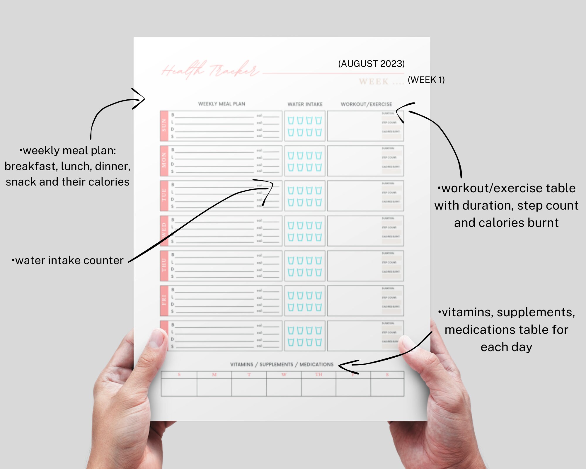 Printable Minimalist Health Tracker Planner | Workout, Water Intake ...
