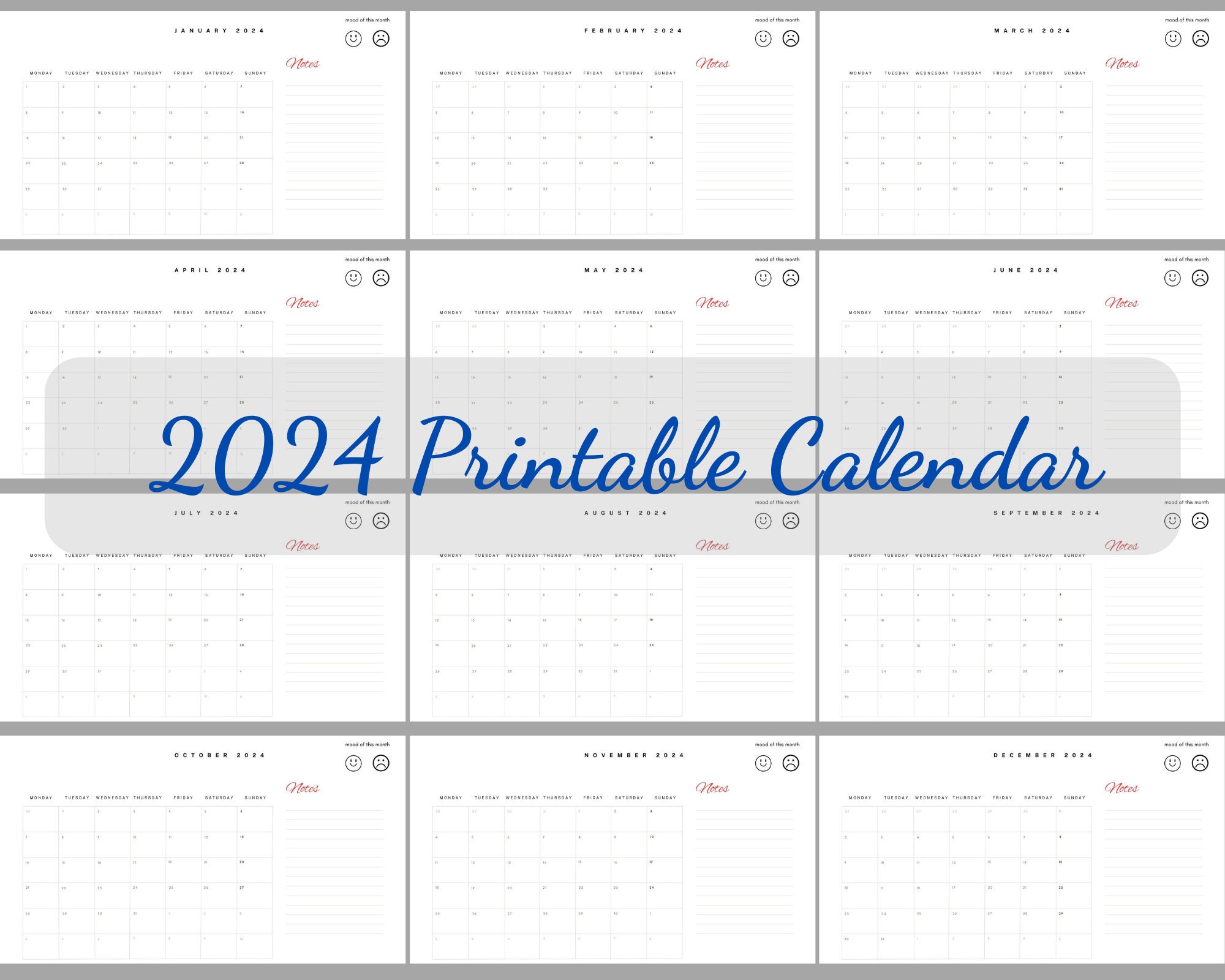 Minimalist 2024 Printable Calendar From JANUARY TO DECEMBER - Etsy