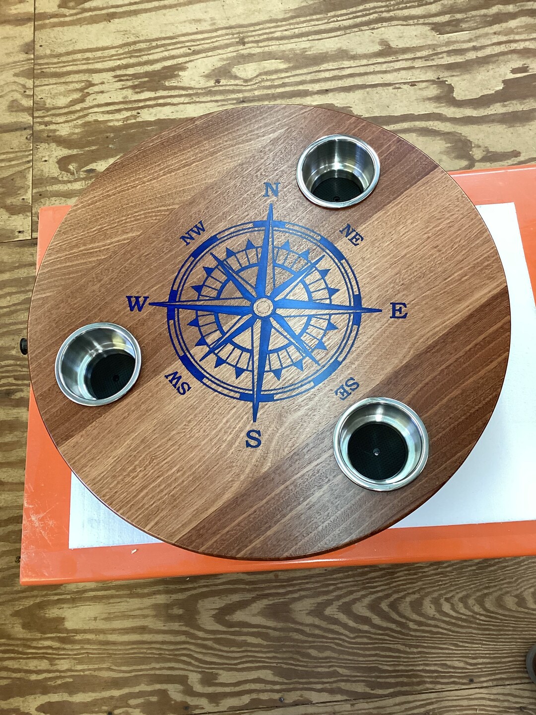 Custom, 24 Round, Sapele Wood Compass Table Top W/ 3 Stainless Cup ...