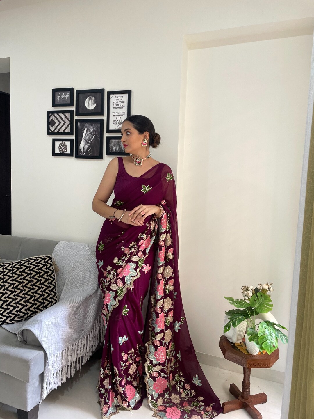 Traditional Saree With Designer Embroidery Sequence Work Saree Indian ...