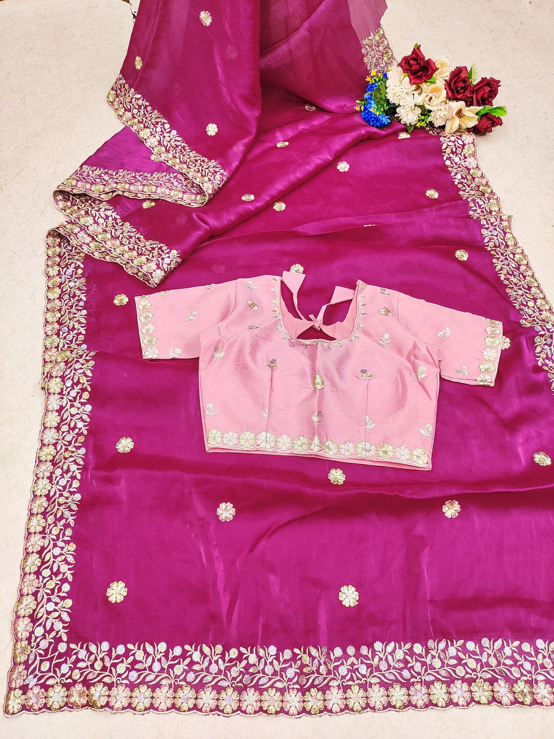 Traditional Saree With Designer Embroidery Sequence Work Saree Indian ...