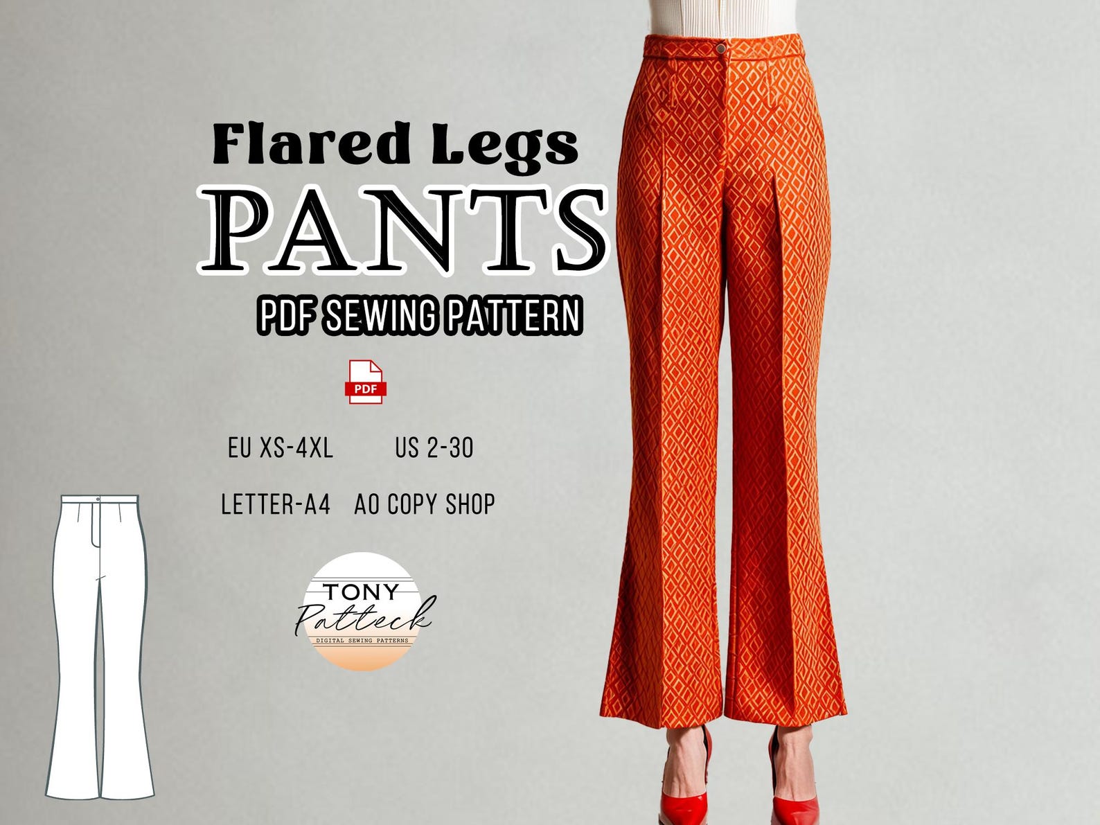 Flared Pants Sewing Pattern, Full Length Pants Digital PDF Pattern, US ...