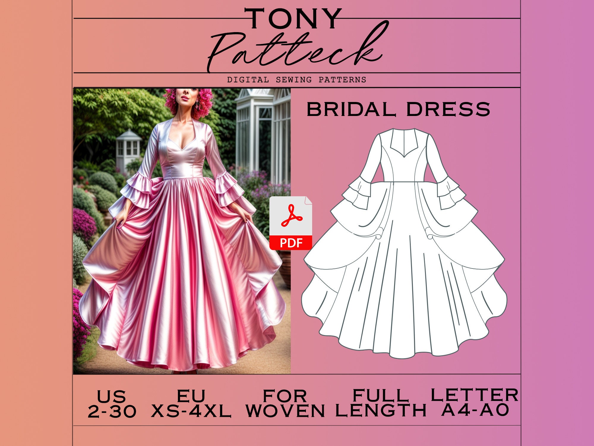 Bridal Dress Sewing Pattern, Wedding Dress Digital PDF Pattern ...