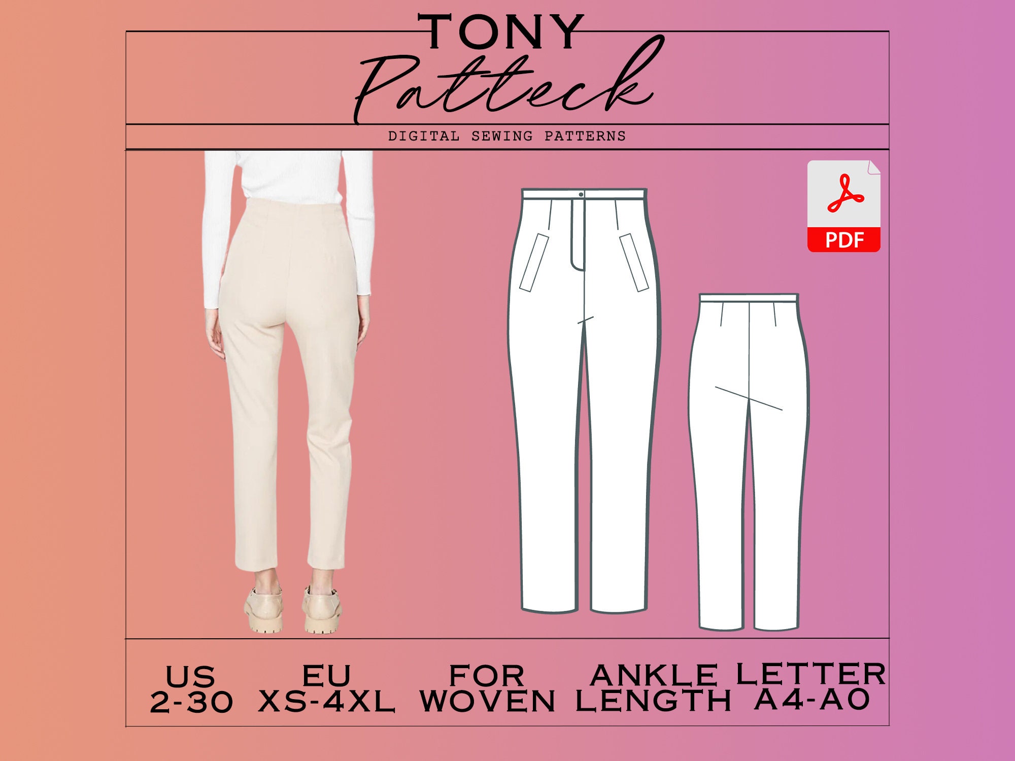 Ankle Length Pants Sewing Pattern, Pocket Pants Digital PDF Pattern, US ...