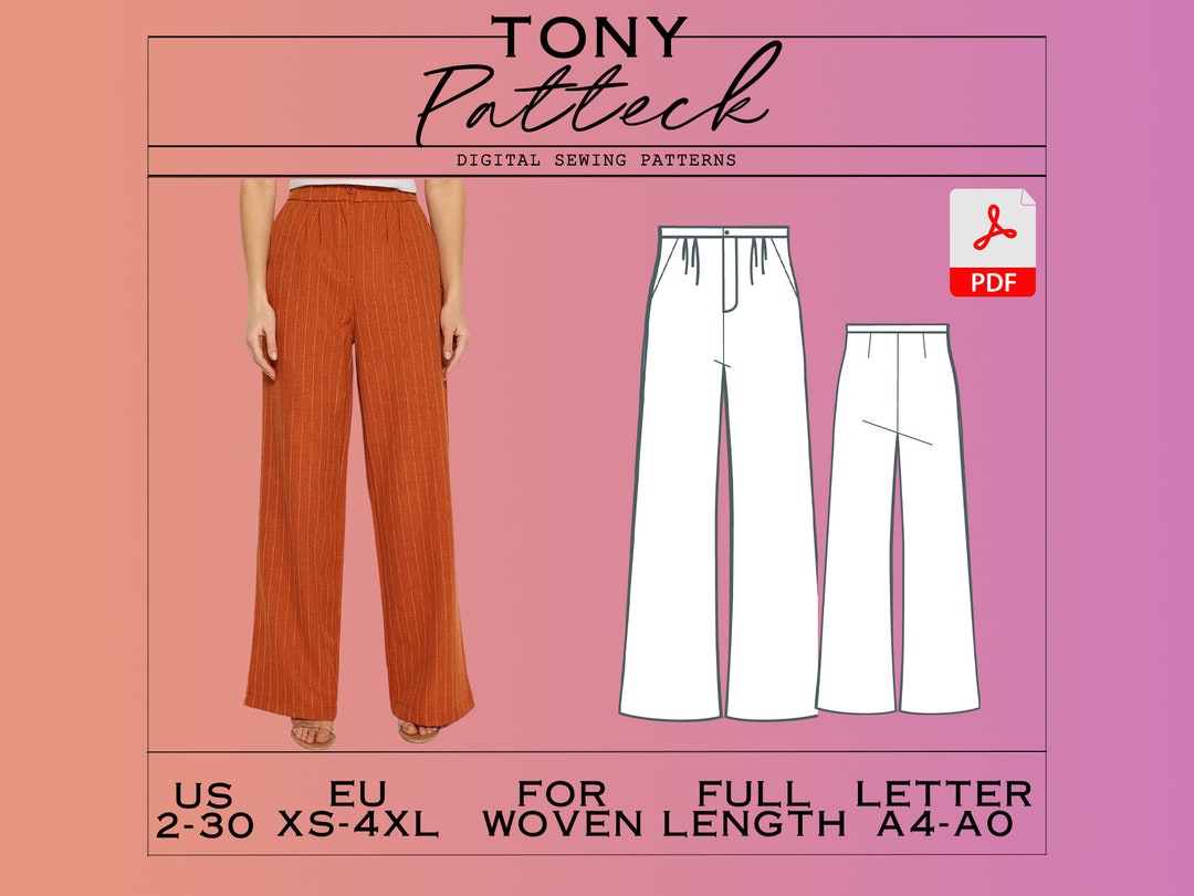 Wide Leg Pants Sewing Pattern, Pocket Pants Digital PDF Pattern, US 2 ...