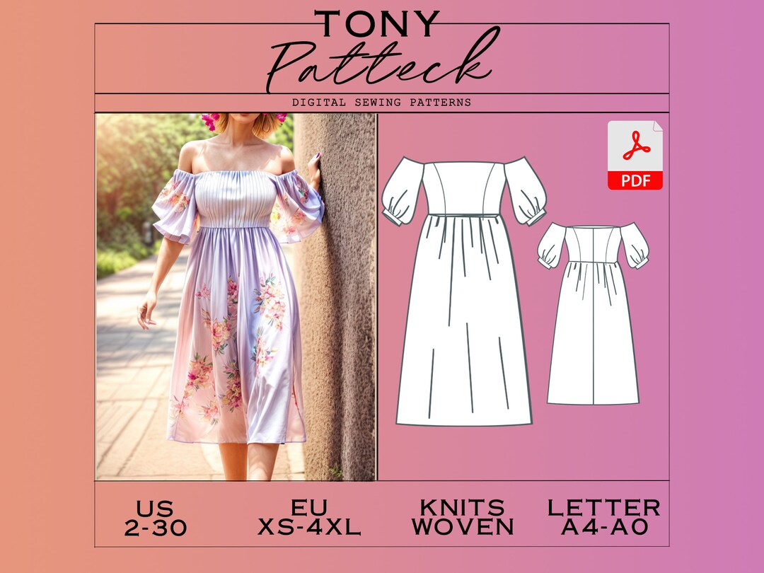 Off Shoulder Smock Dress Sewing Pattern, Digital PDF Pattern, Sew at ...