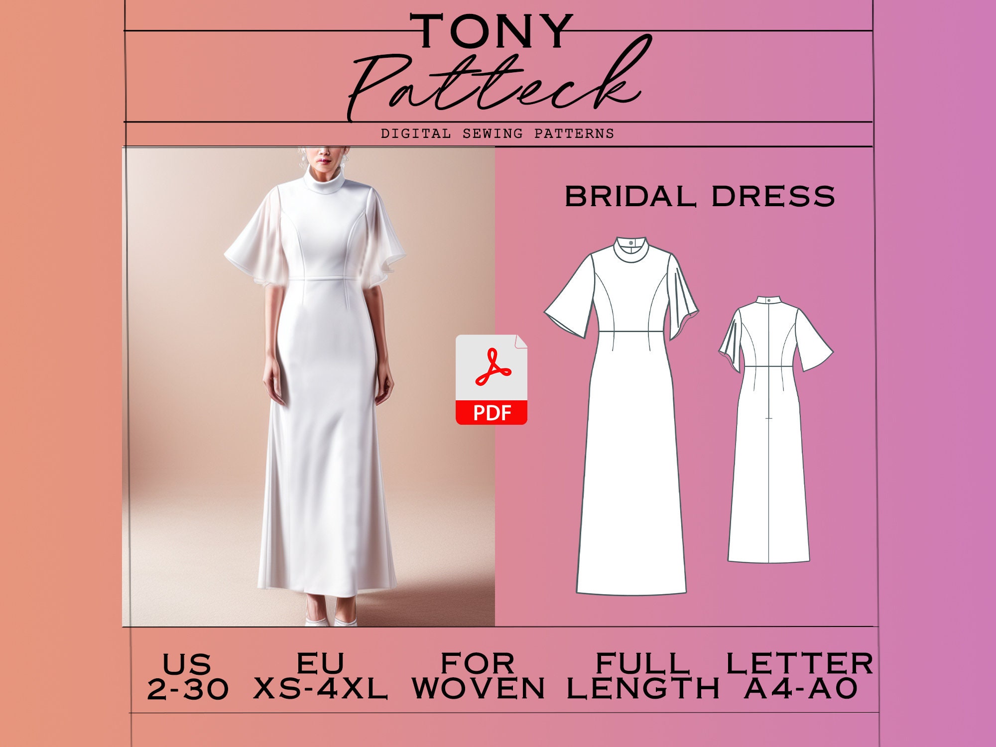 Bridal Dress Sewing Pattern, Digital PDF Pattern, Prom Dress Pattern ...