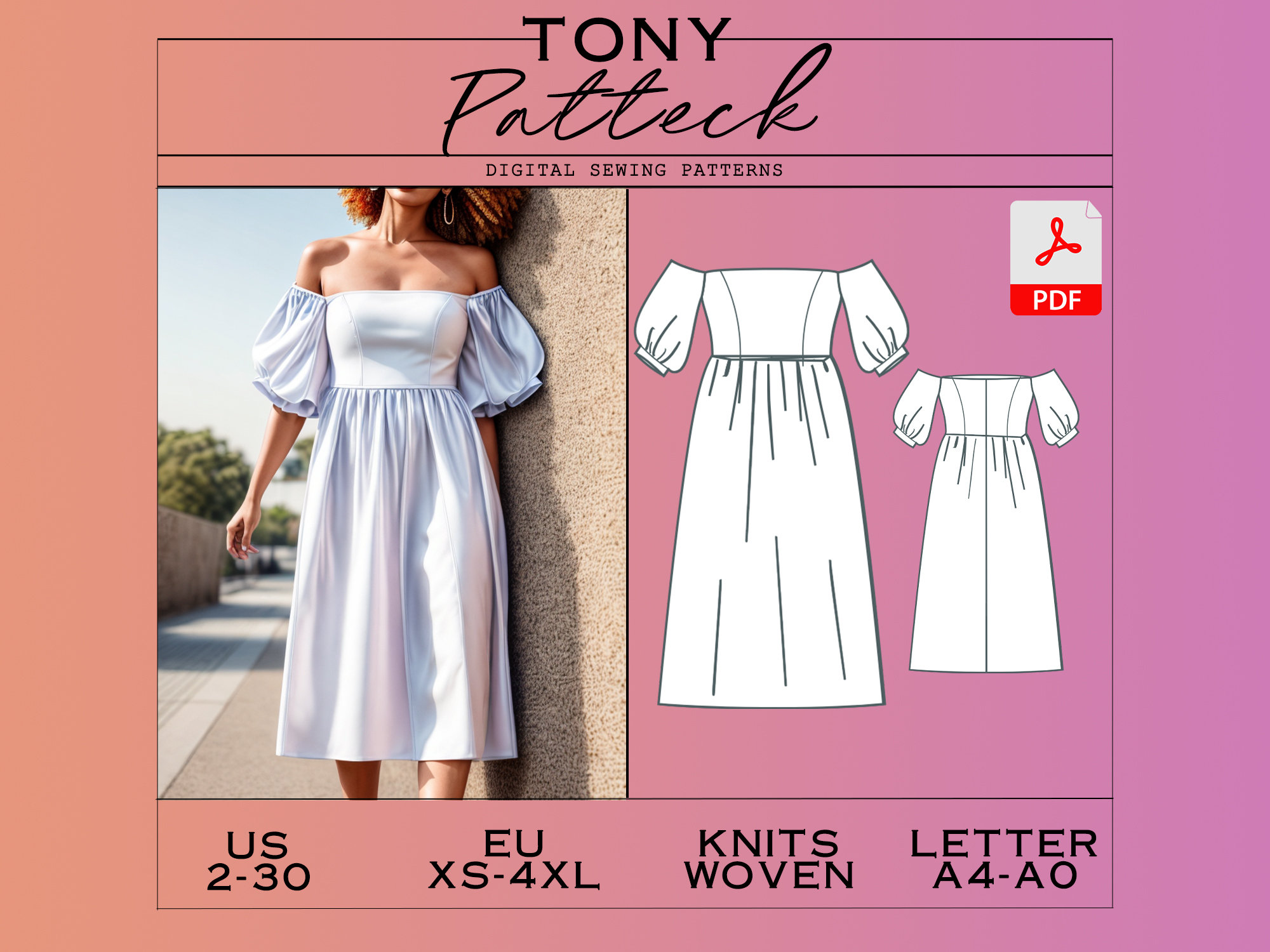 Off Shoulder Smock Dress Sewing Pattern, Digital PDF Pattern, Sew at ...