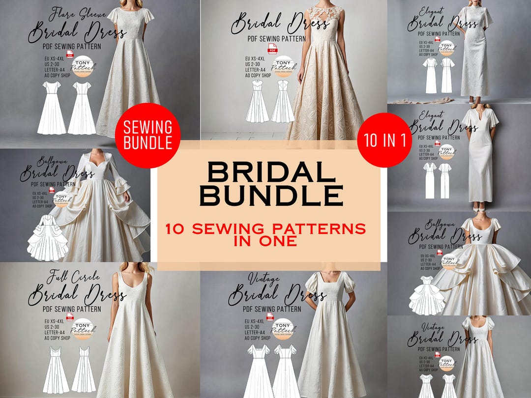 BUNDLE Bridal Dress Sewing Pattern, Courthouse Wedding Dress Pattern ...
