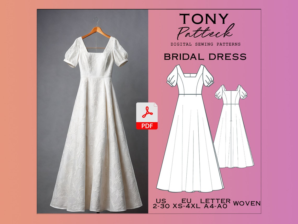 Bridal Dress Sewing Pattern, Wedding Dress Digital PDF Pattern, Prom ...