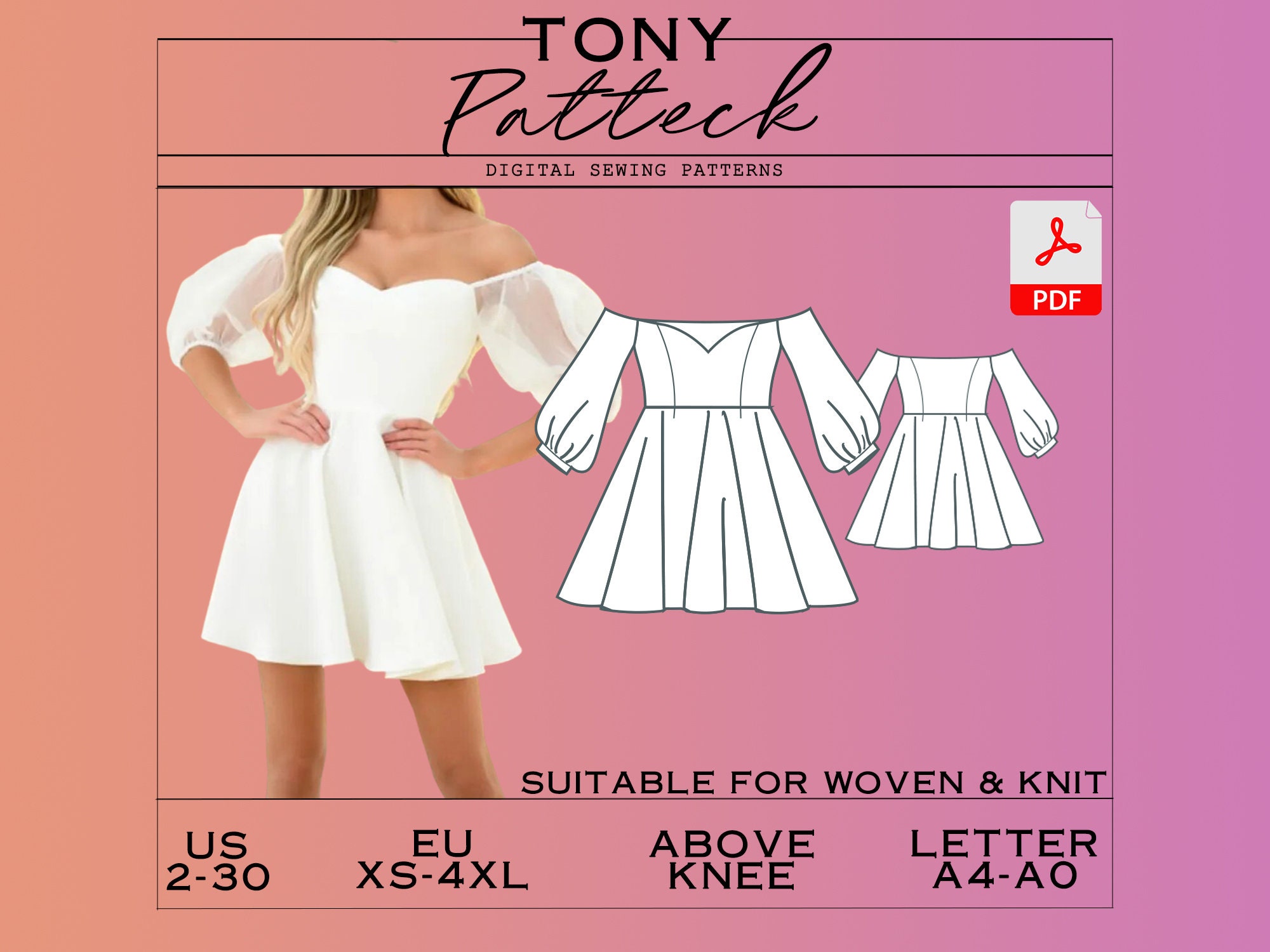 Mini Dress Sewing Pattern Digital Pdf Pattern Graduation Prom Dress Pattern Off Shoulder