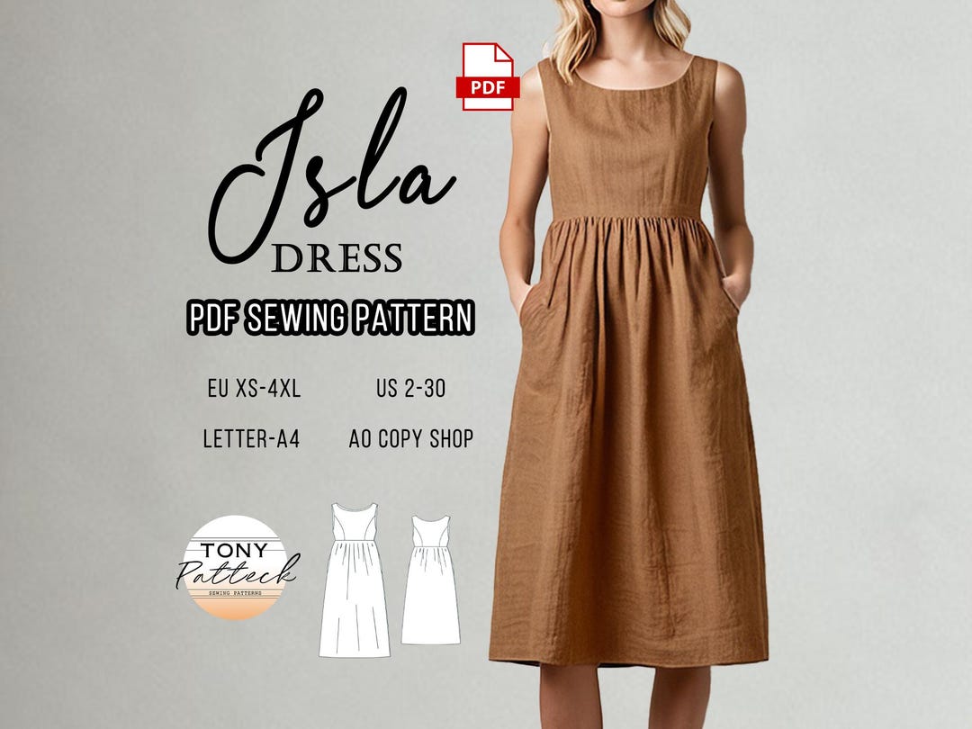 Isla Midi Dress Sewing Pattern: Gathered Smock Style (US 2-30) (PDF ...