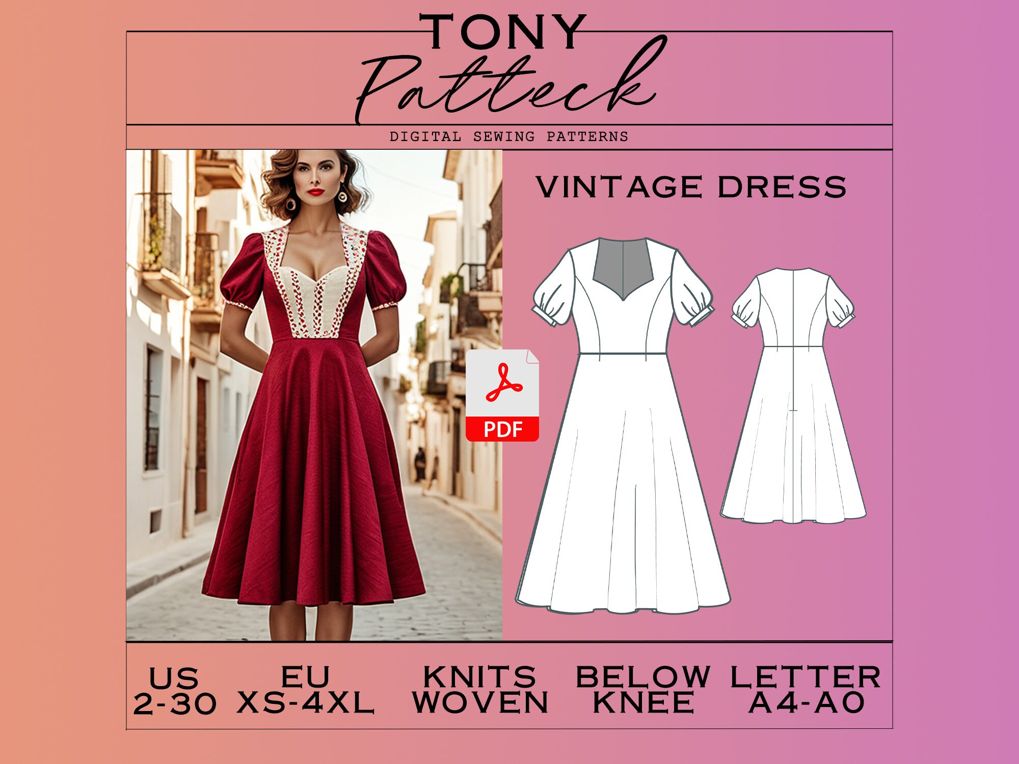 Vintage Dress Sewing Pattern, Digital PDF Pattern, Retro Dress Pattern ...