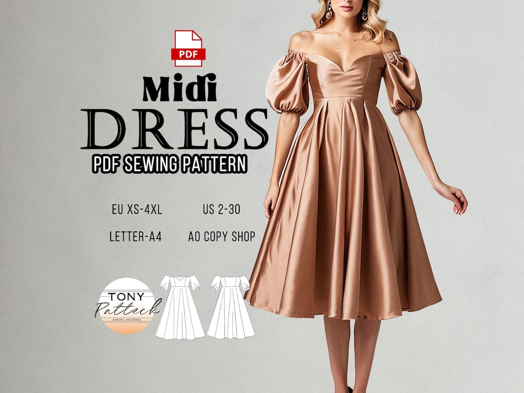 Off-shoulder Midi Dress Sewing Pattern, US 2-30, EU Xs-4xl (PDF Pattern ...