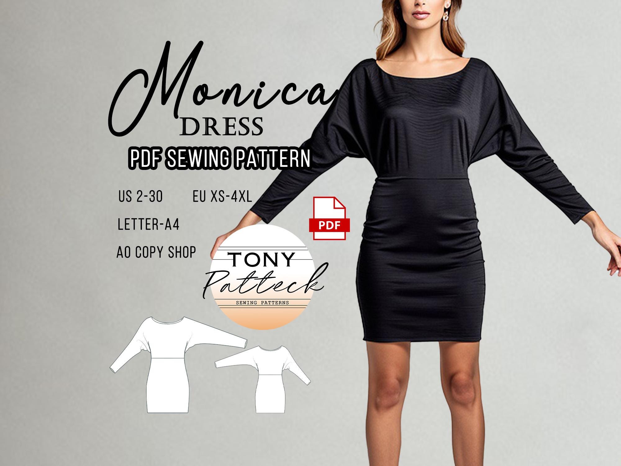 Monica Dress Sewing Pattern, Mini Dress Pattern, Batwing Dress Pattern ...