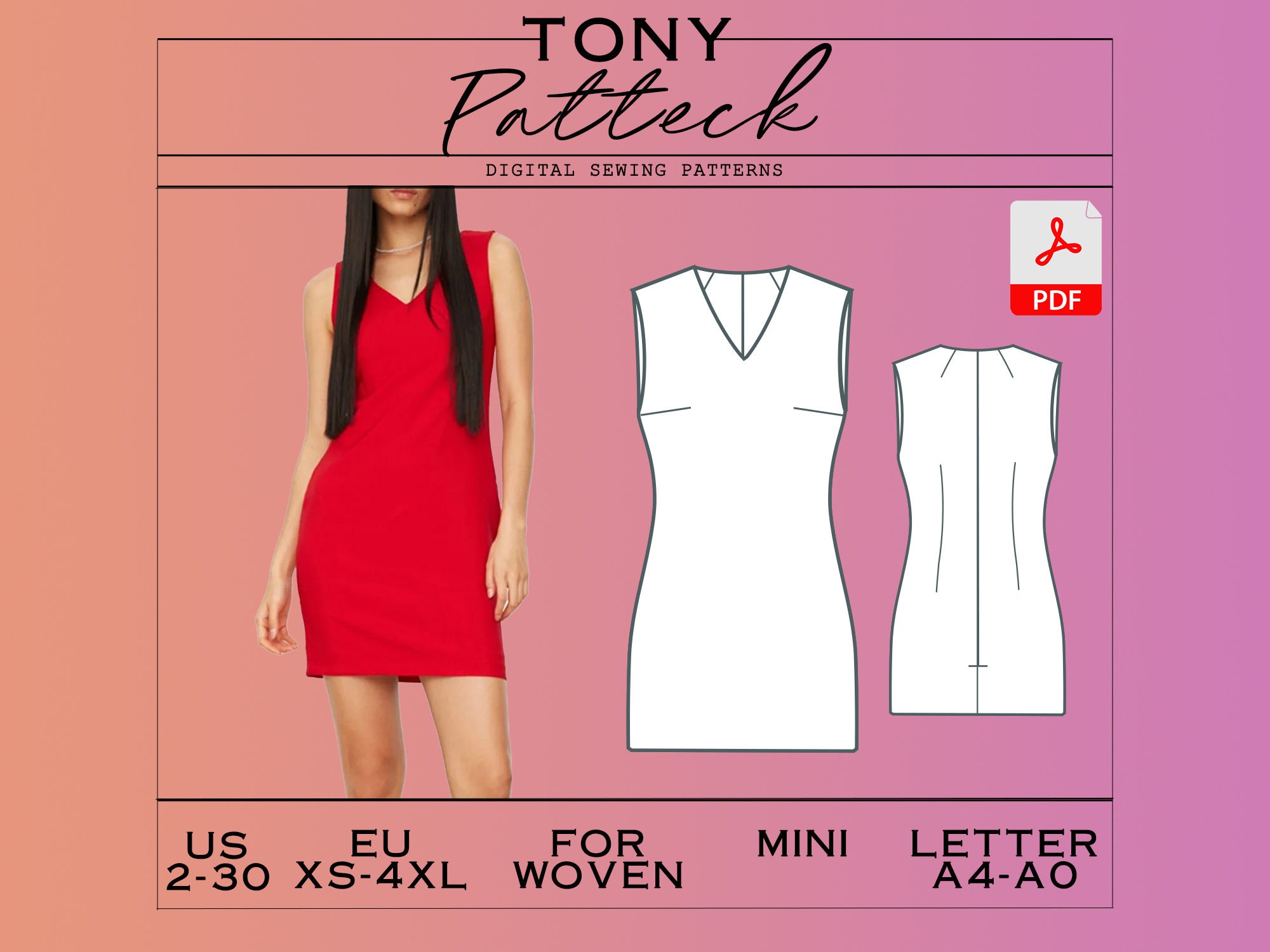 Little Red Dress Sewing Pattern, Digital PDF Pattern, Sew at Home ...