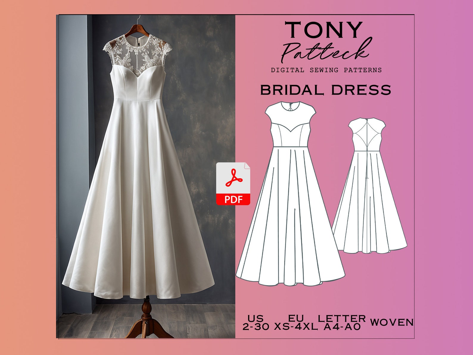 Yoke Neck Bridal Dress Sewing Pattern, Digital PDF Pattern, Wedding ...