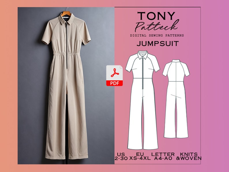 Raglan Sleeve Jumpsuit Sewing Pattern, Digital PDF Pattern, Pantsuit Pattern, US 2-30 Plus Size ...