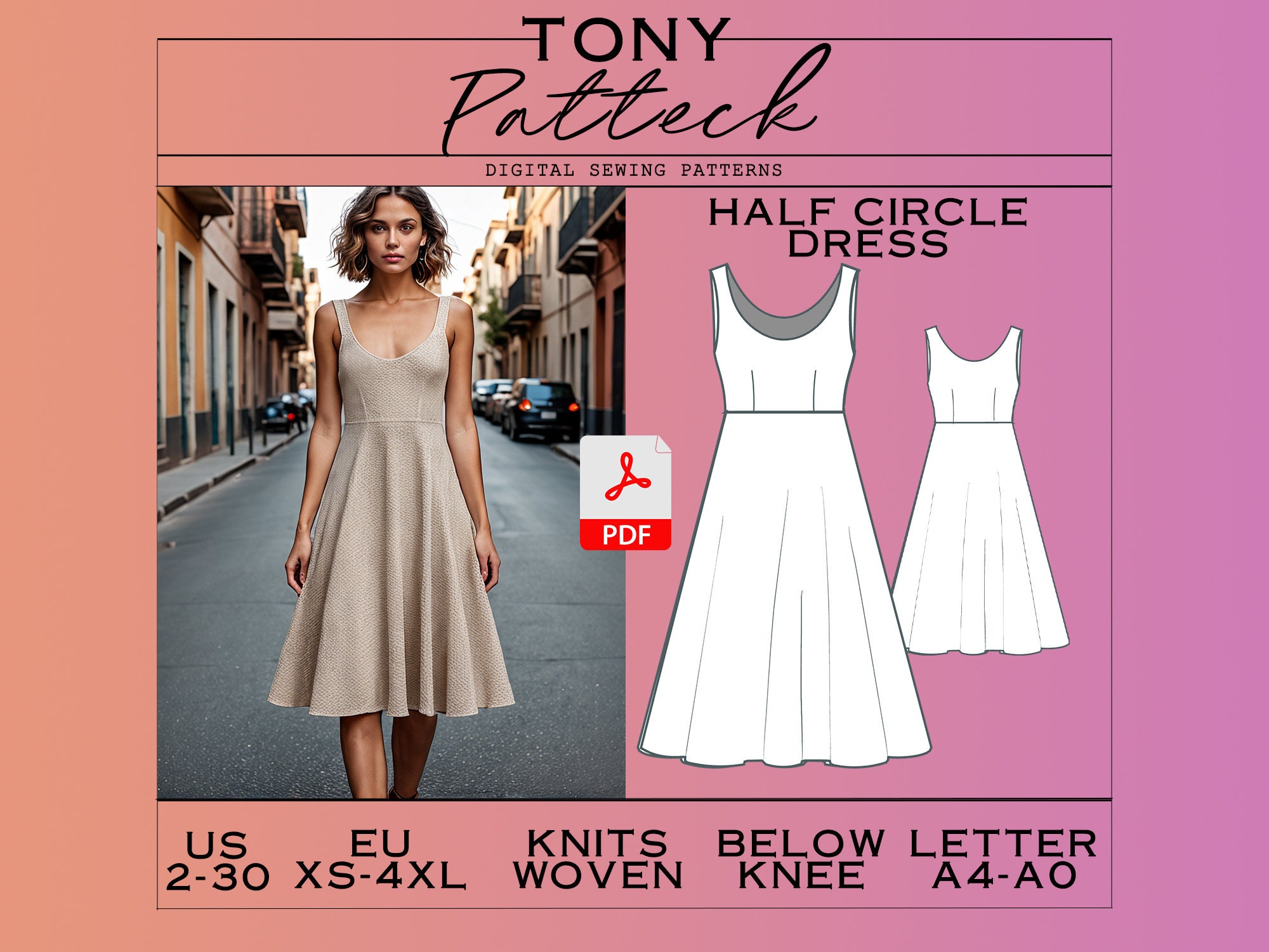 Half Circle Dress Sewing Pattern, Digital PDF Pattern, Evening Dress ...