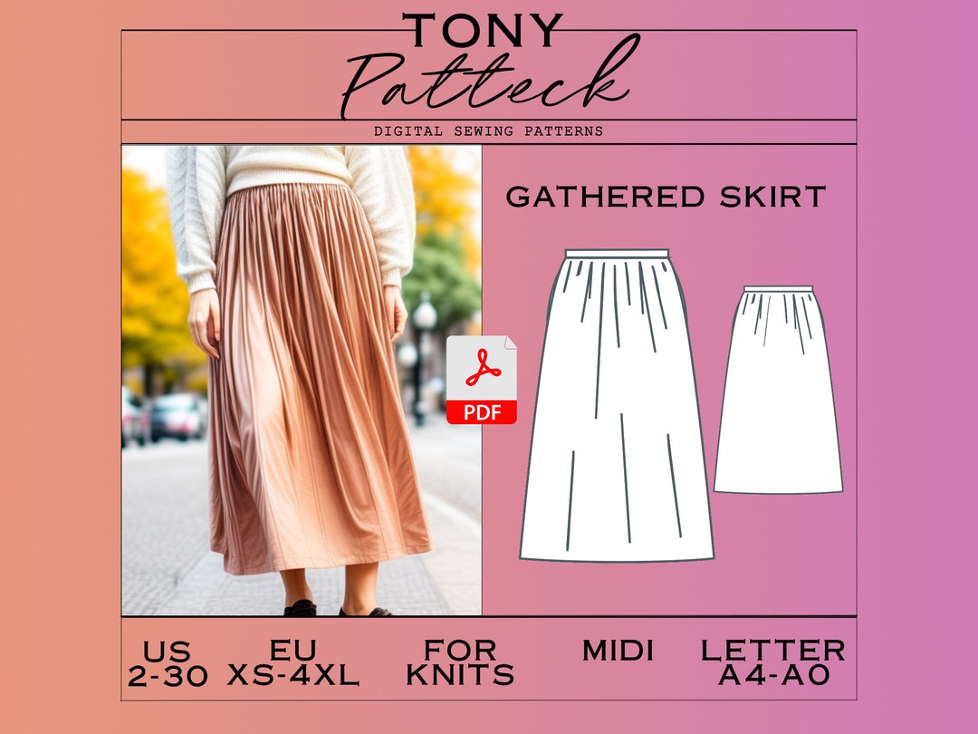Midi Gathered Skirt Sewing Pattern, Digital PDF Pattern, Sew at Home ...
