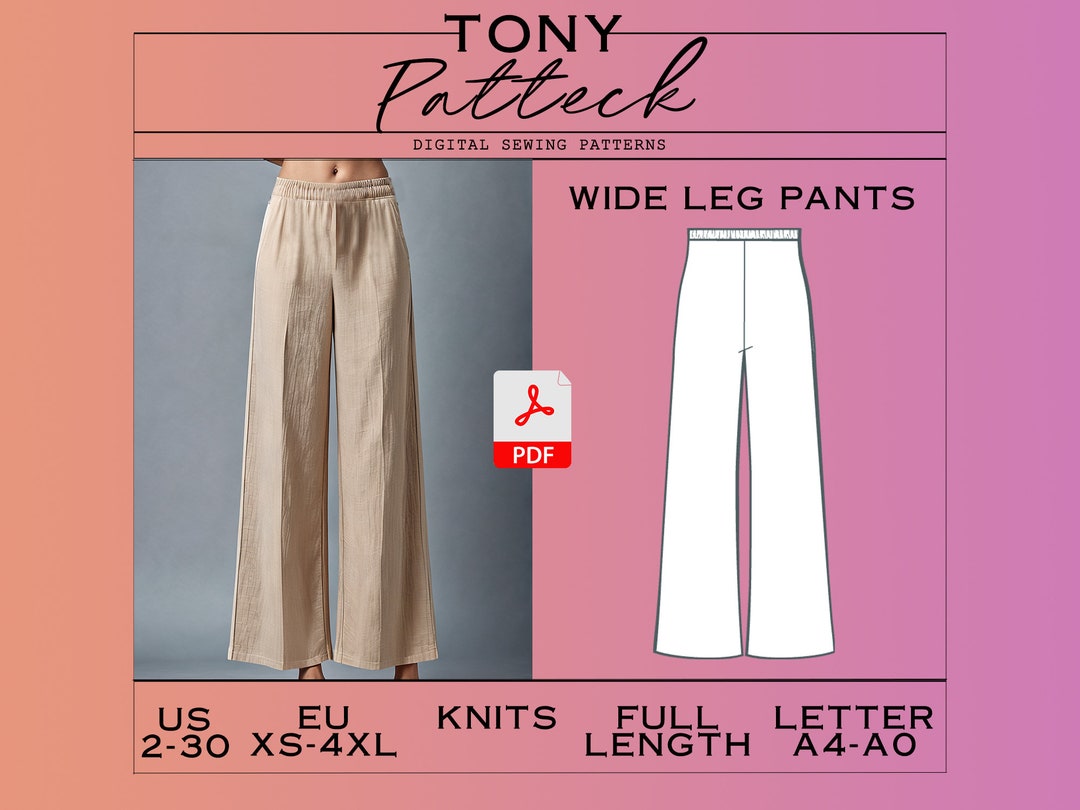 Wide Leg Pants Sewing Pattern, Knit Pants Digital PDF Pattern, US 2-30 ...