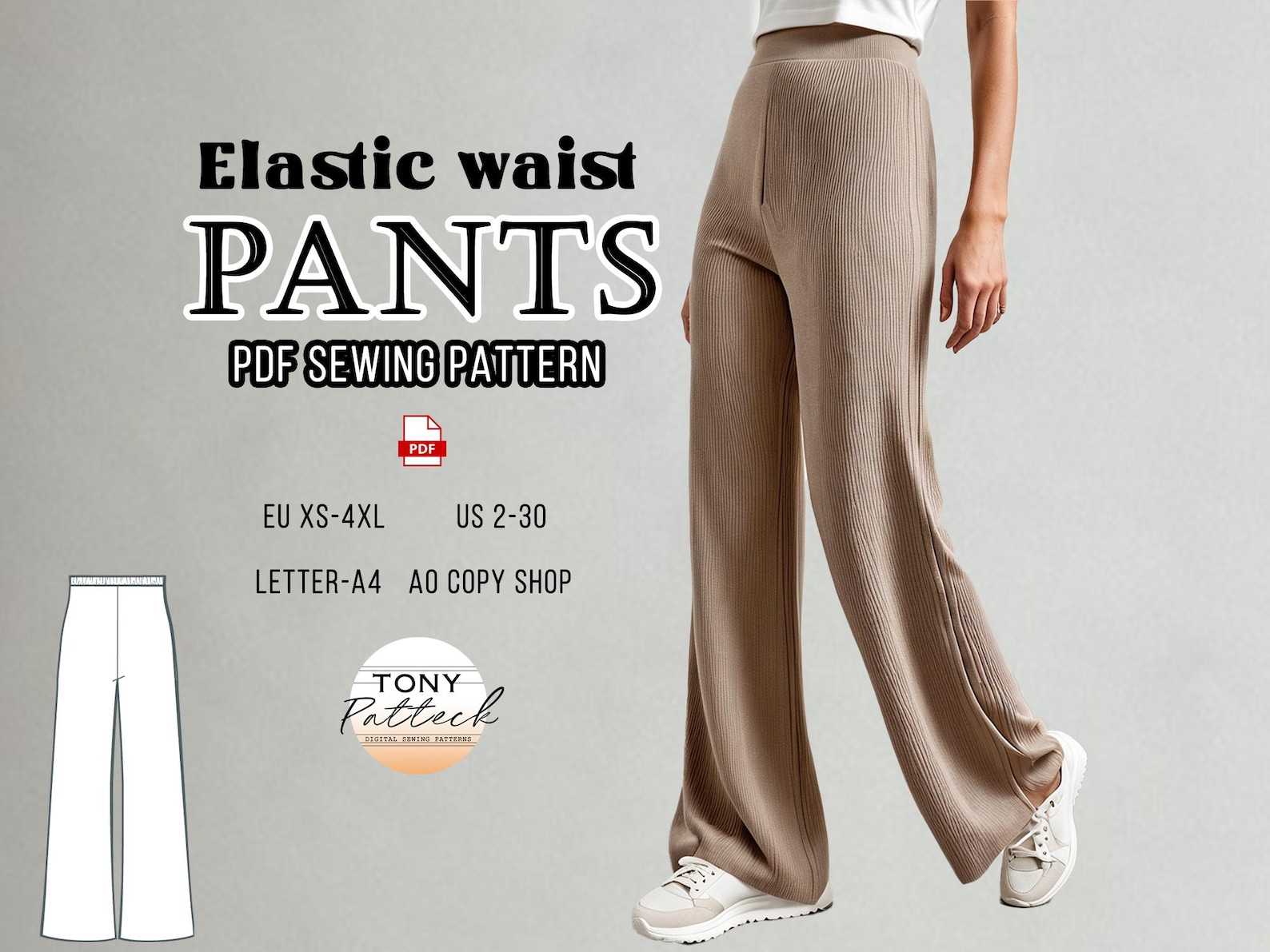 Wide Leg Pants Sewing Pattern, Knit Pants Digital PDF Pattern, US 2-30 ...