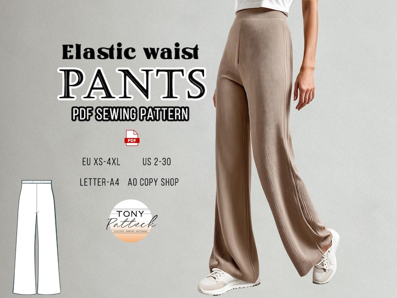Wide Leg Pants Sewing Pattern, Knit Pants Digital PDF Pattern, US 2-30 ...