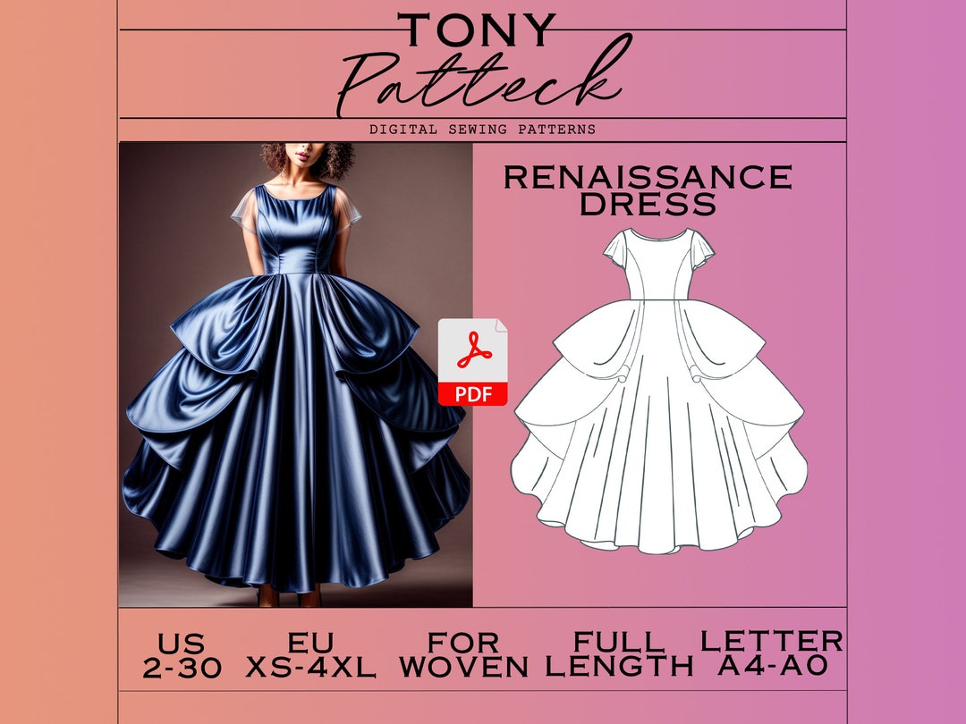 Renaissance Dress Sewing Pattern, Wedding Dress Digital PDF Pattern ...