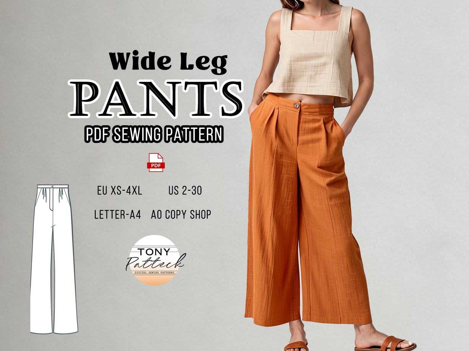 Wide Leg Pants Sewing Pattern, Pocket Pants Digital PDF Pattern, US 2 ...