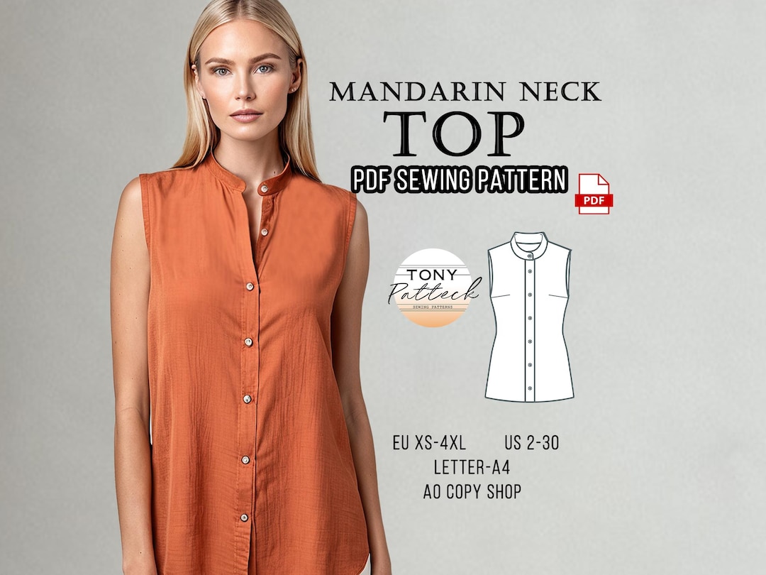 Mandarin Neck Shirt Sewing Pattern, Digital PDF Pattern, Summer Blouse ...