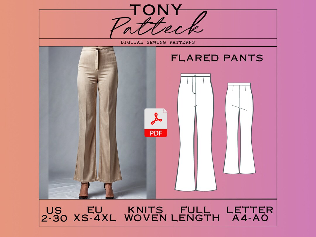 Flared Pants Sewing Pattern, Full Length Pants Digital PDF Pattern, US ...