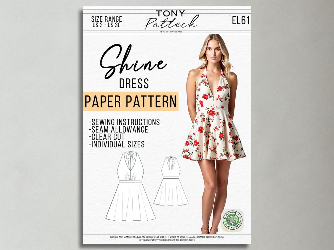 PAPER PATTERN Shine Dress Sewing Pattern, Halter Neck Dress Printed ...