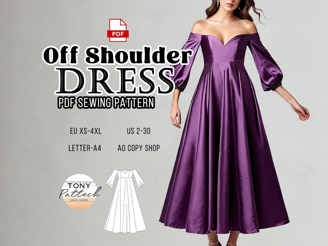 Off Shoulder Dress Sewing Pattern, Prom Dress Pattern, Bridesmaid Dress ...