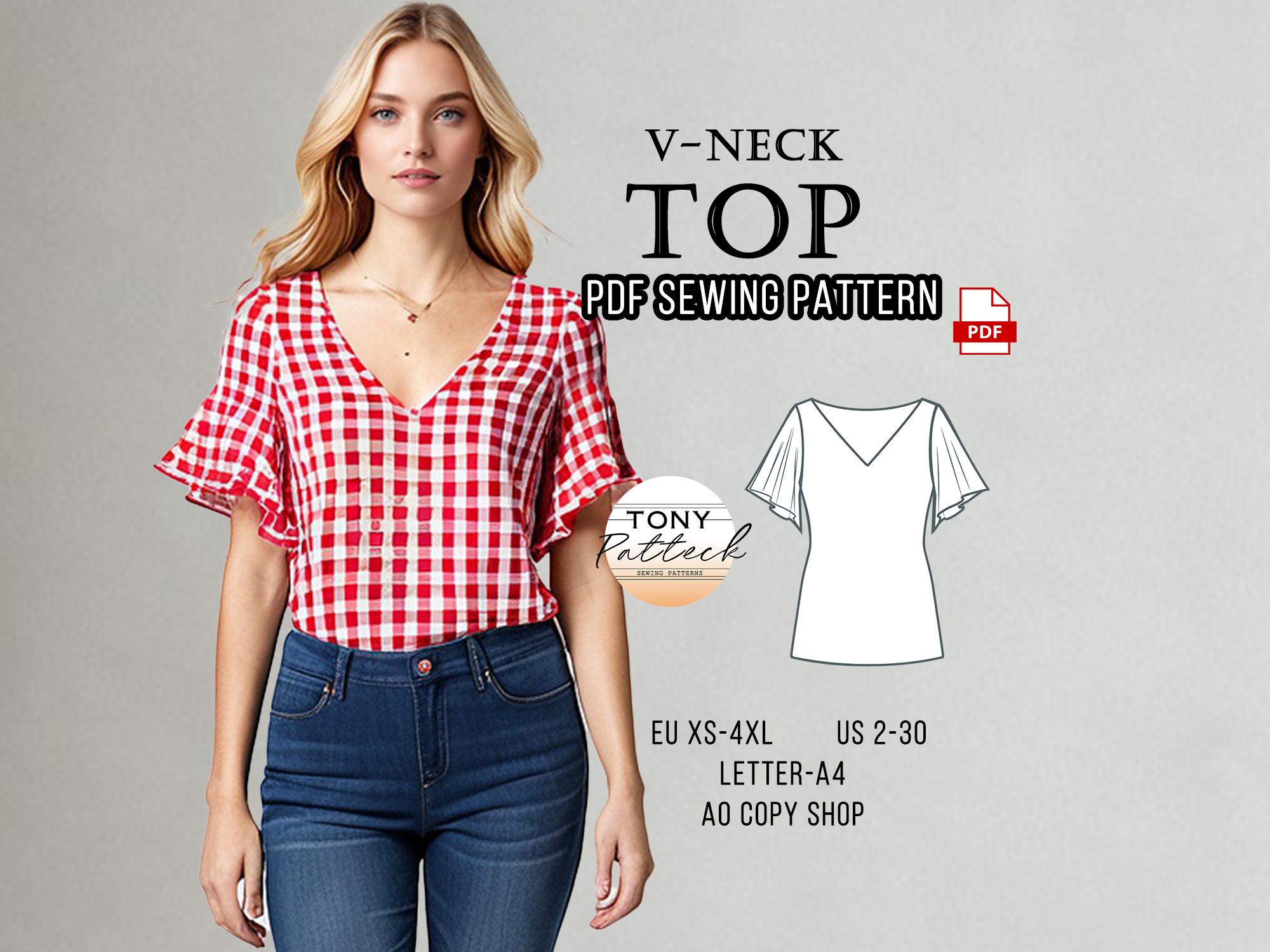 V-neck Blouse Sewing Pattern, Summer Top, US 2-30 (digital PDF Pattern ...