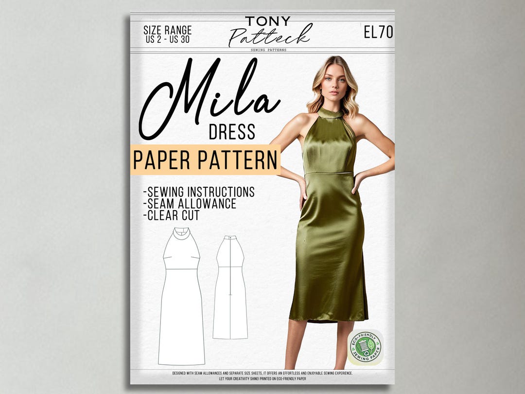 PAPER PATTERN Mila Dress Sewing Pattern, Halter Neck Dress Printed ...