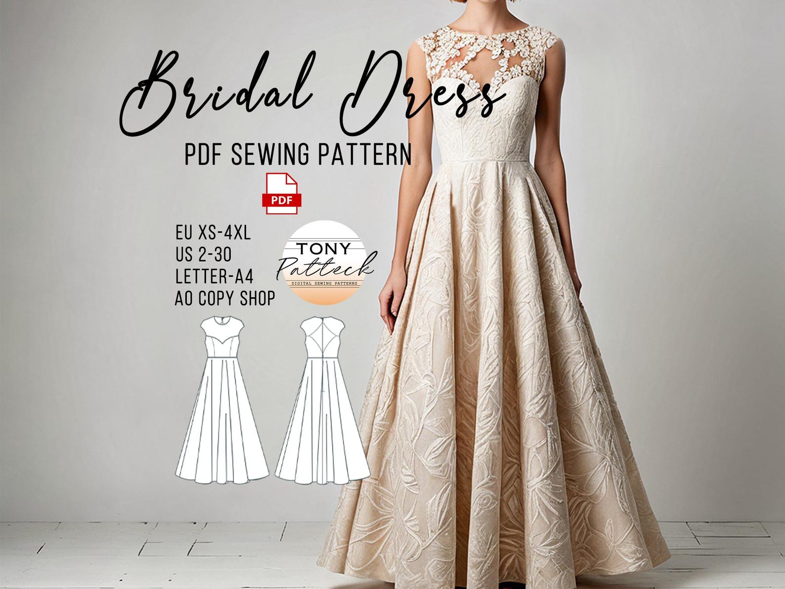 Yoke Neck Bridal Dress Sewing Pattern, Digital PDF Pattern, Wedding ...