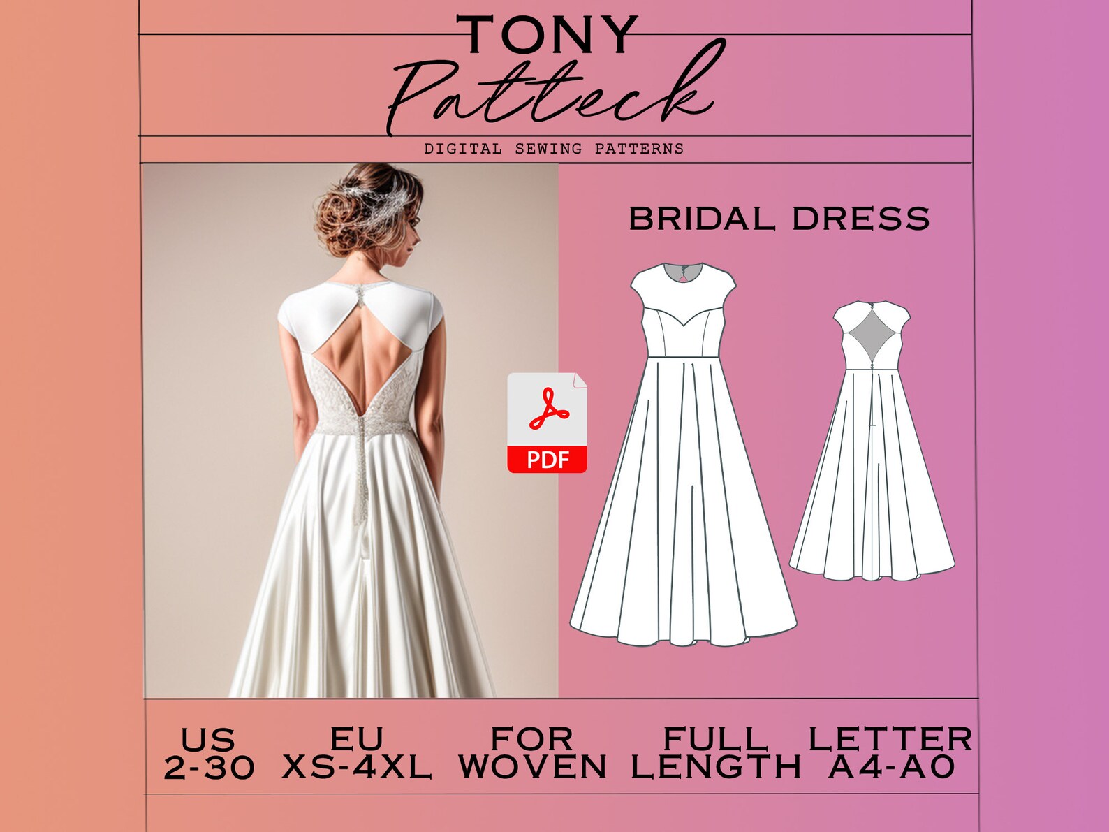 Yoke Neck Bridal Dress Sewing Pattern, Digital PDF Pattern, Wedding ...