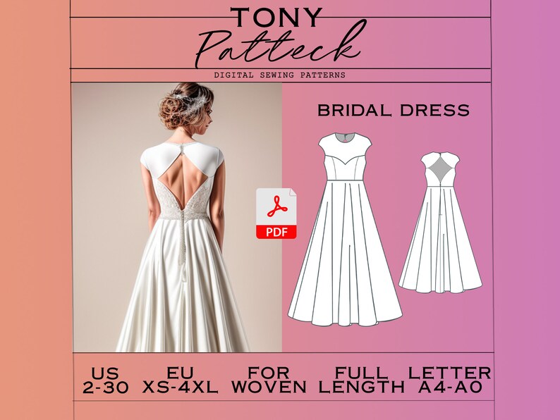 Yoke Neck Bridal Dress Sewing Pattern, Digital PDF Pattern, Wedding ...