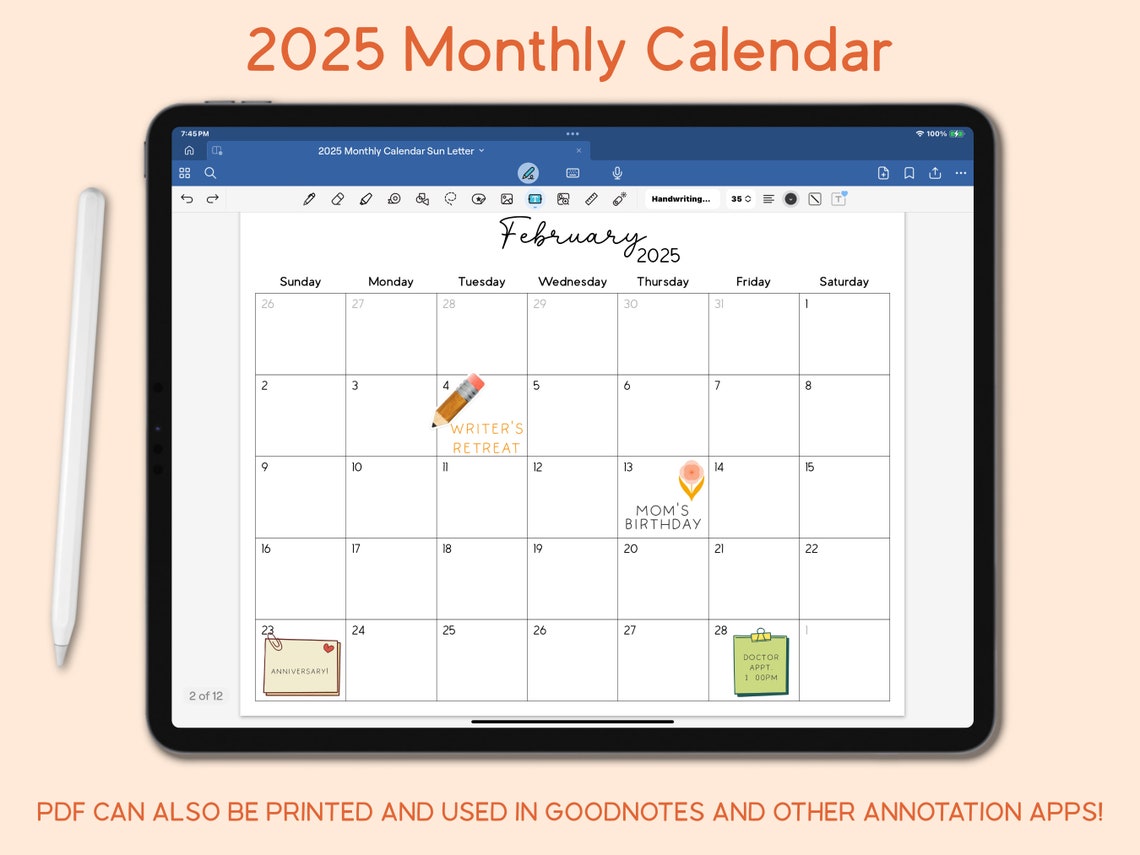 2025 Printable PDF Full Monthly Calendar | Landscape, Letter, A4 ...