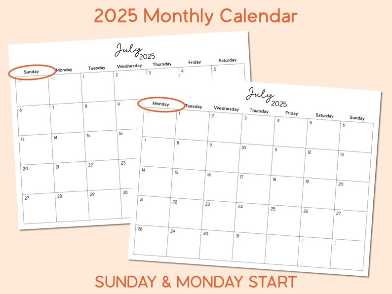 2025 Printable PDF Full Monthly Calendar | Landscape, Letter, A4 ...