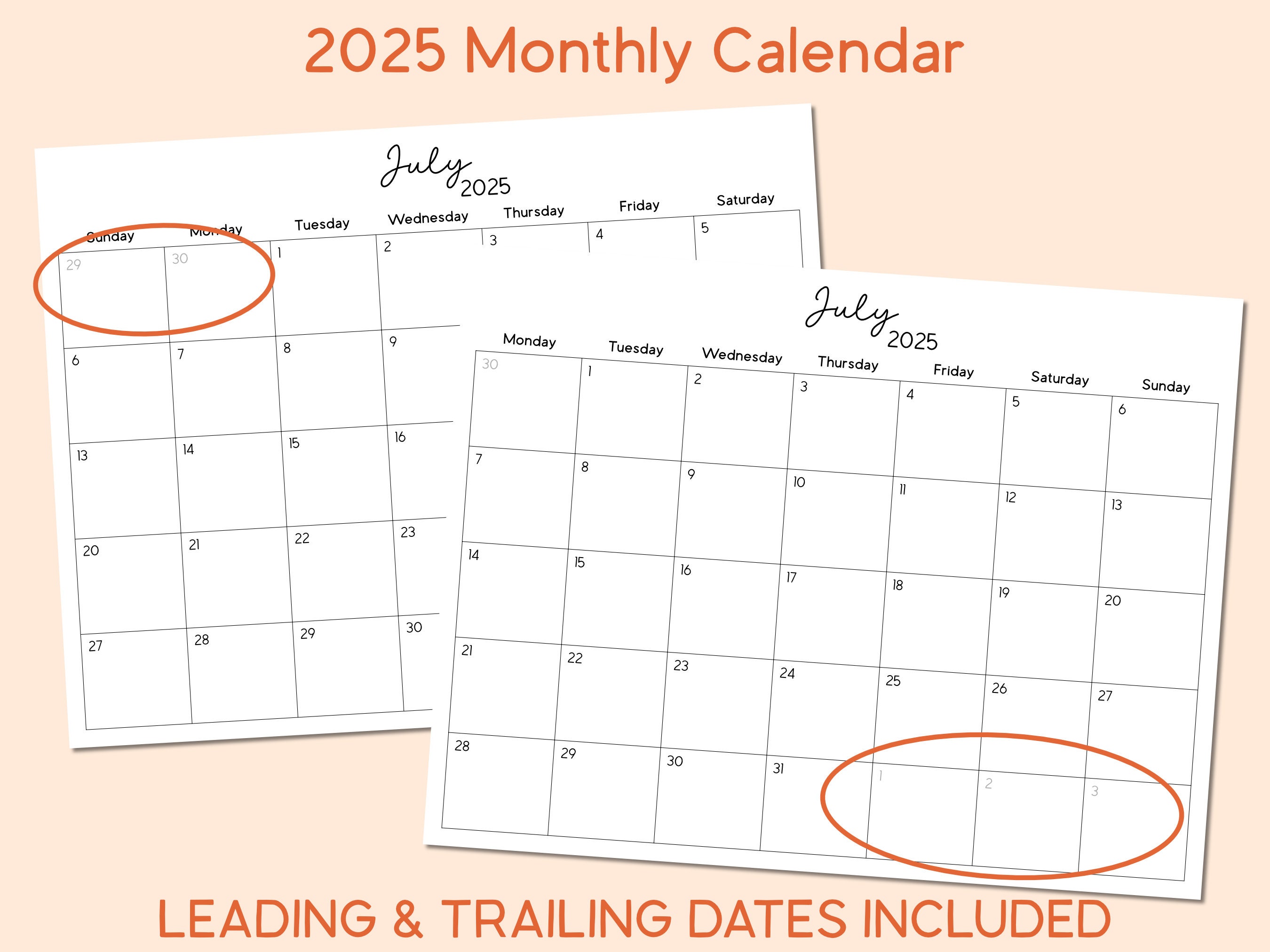 2025 Printable PDF Full Monthly Calendar | Landscape, Letter, A4 ...