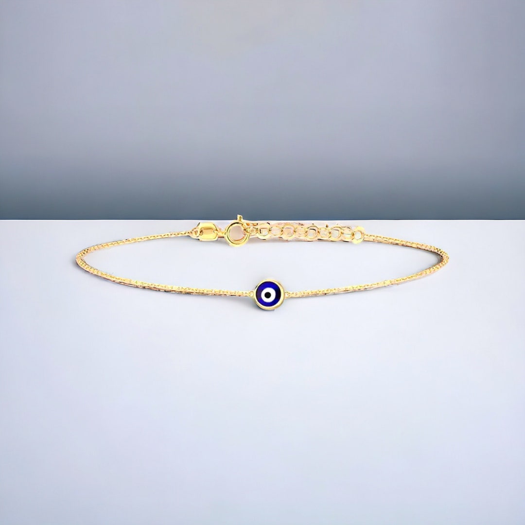 18k Real Gold Evil Eye Bracelet • Blue Evil Eye Nazar Charm on Dainty Gold Chain • Nazar ...