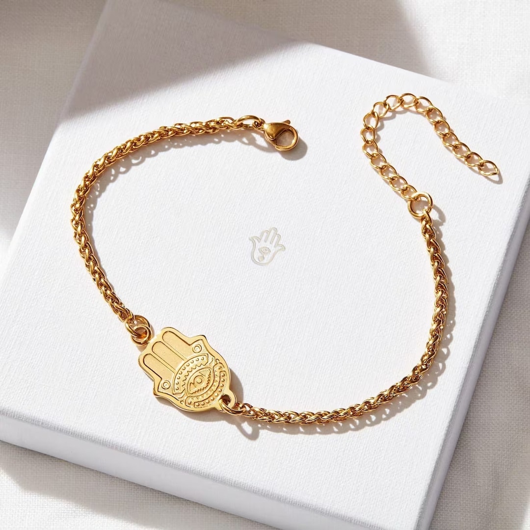 Real Gold Hamsa Hand Bracelet Hand of Fatima Charm on Gold Wheat Chain ...