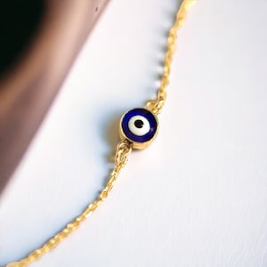 18k Real Gold Evil Eye Bracelet • Blue Evil Eye Nazar Charm on Dainty ...