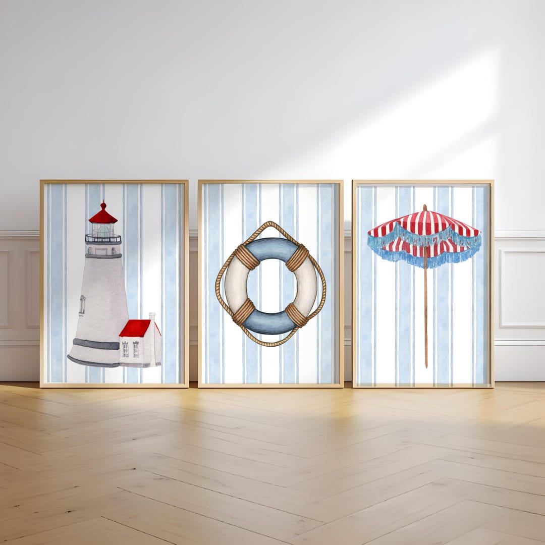 Blue Coastal Set of Three Digital Wall Art | Light House Print & Bouy ...